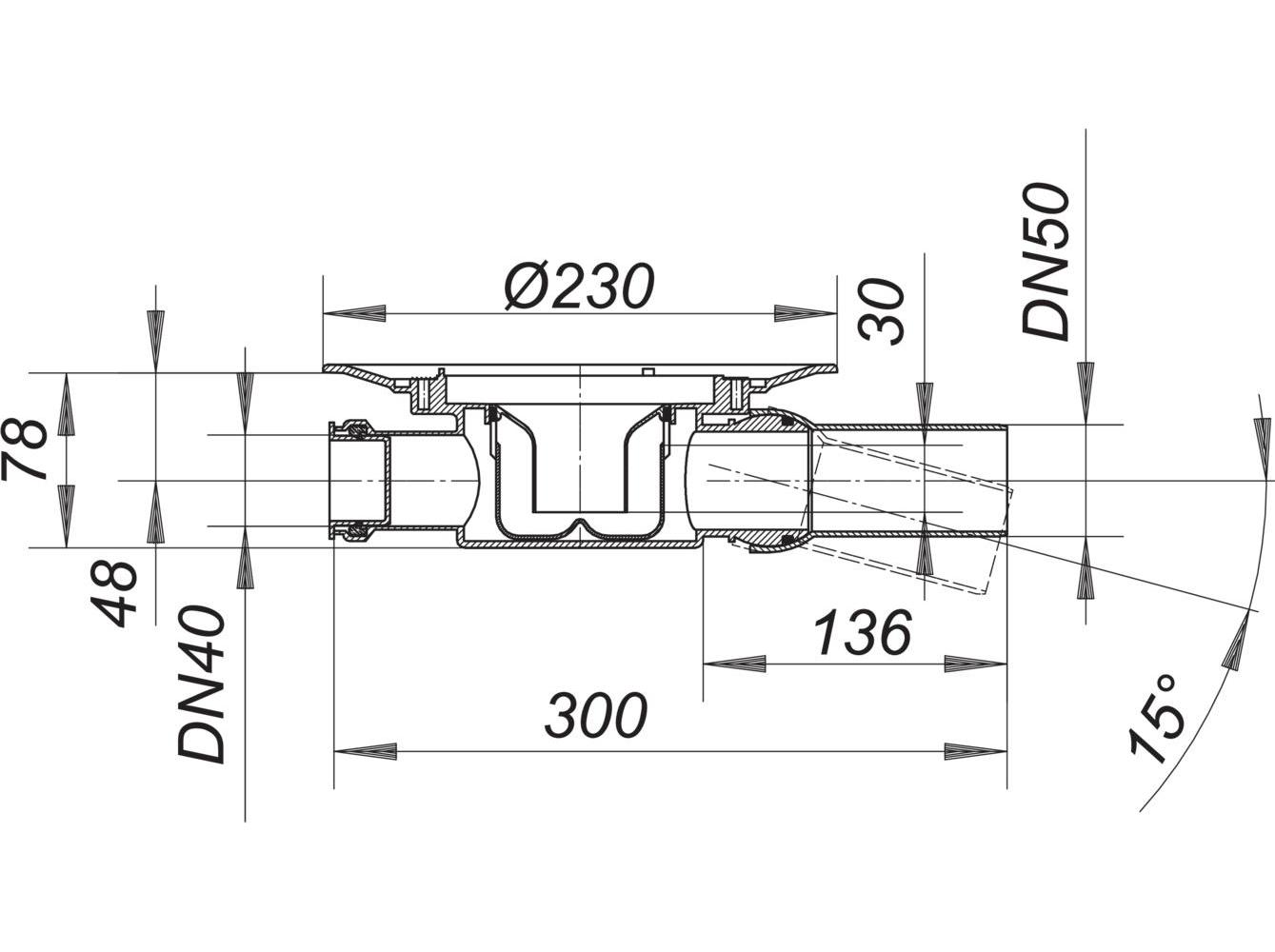 Floor drain body type 42 S, inlet DN 40, DN 50
