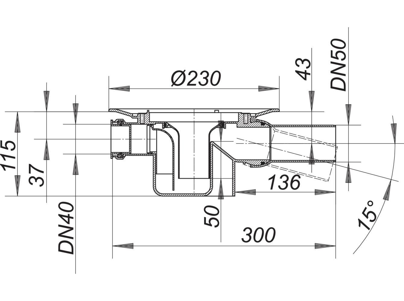 Floor drain body type 46 S, inlet DN 40, DN 50