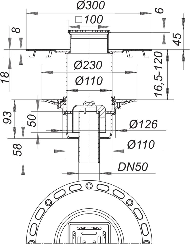under-tile waterpr. floor drain 40 VC, DN 50, 100 x 100 mm