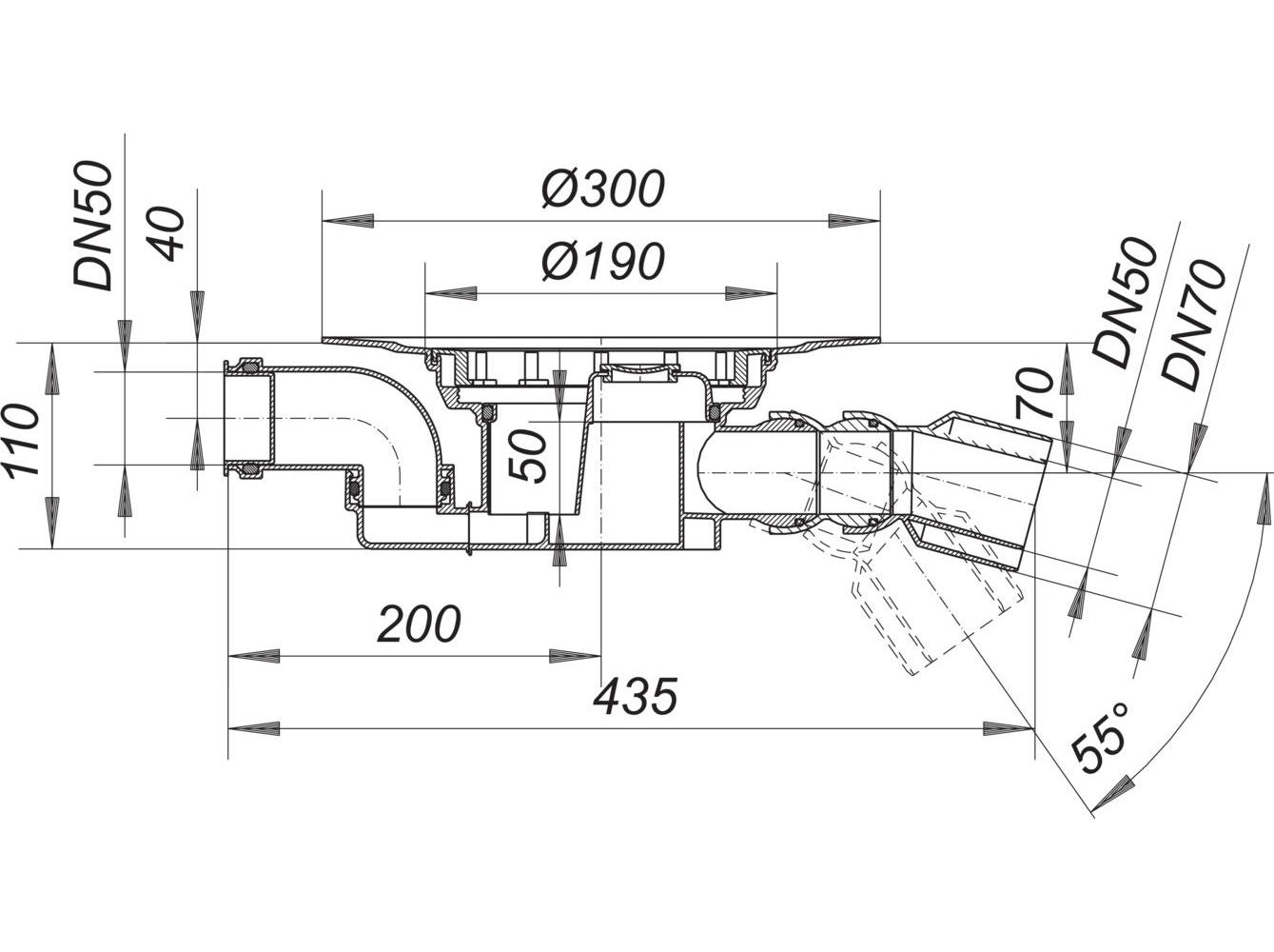 Floor drain body type 55, inlet DN 50, DN 50/DN 70