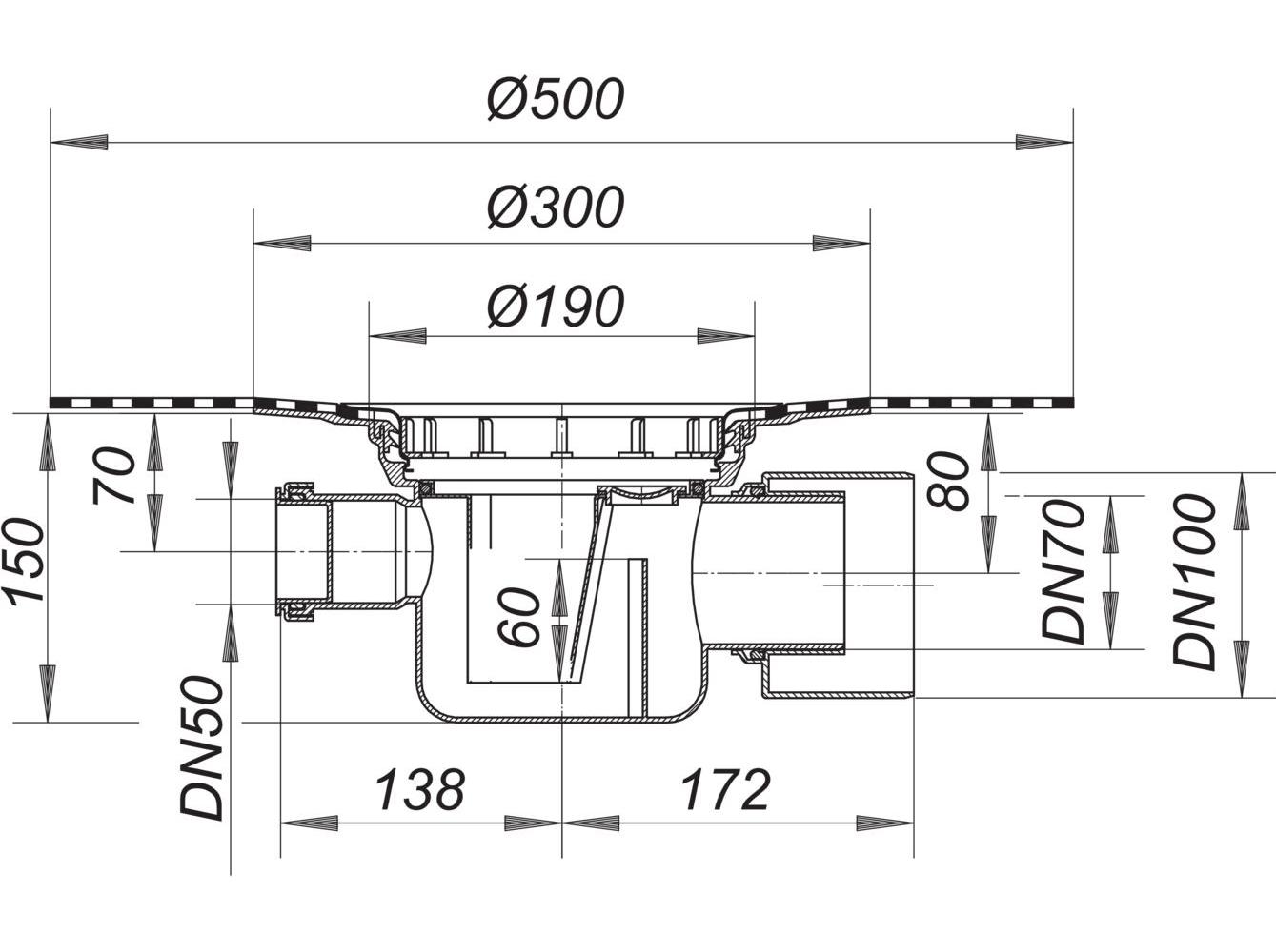 Floor drain body type 58 DallBit, inlet DN 50, DN 70/DN 100
