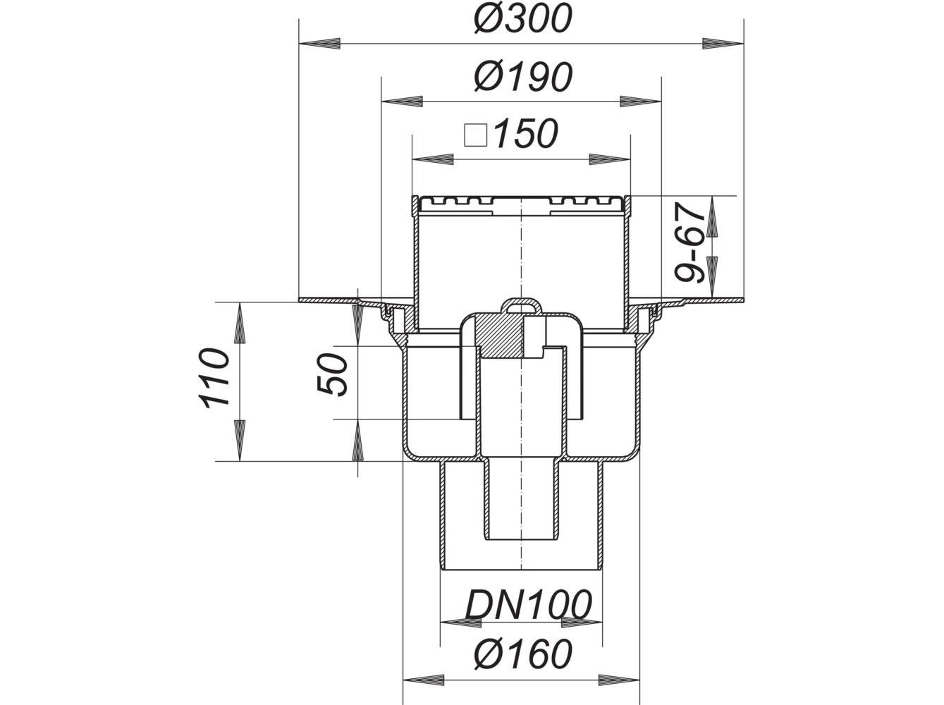 floor drain type 61 HT/KE, DN 100, 150 x 150 mm